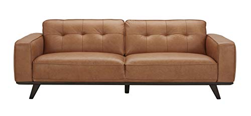 Amazon Brand – Rivet Bigelow Modern Leather Sofa Couch with Wood Base, 89.4"W, Cognac / Espresso