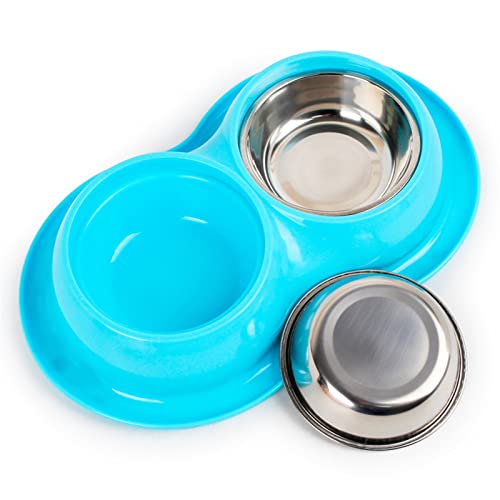 FUUIE Bowls for Food and Water Stainless Steel PP Double Bowls Food Anti Ants Water Dog Bowl Cat Feeder Cat Pet Bowl (Color : Blue)