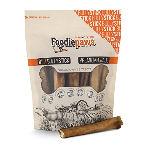 FOODIEPAWS All Natural 6-inch Mega Bully Sticks Odor Free USA Packed for Medium, Large Dogs-100% Free-Range Grass-Fed Beef-Single Ingredient & Rawhide Free-Longer Lasting Dental Dog Chews 15 Pcs