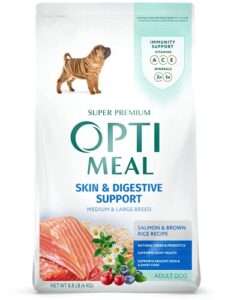 optimeal sensitive skin and stomach dog food – proudly ukrainian – tasty dog food dry recipe with skin & digestive support – medium/large adult dogs (8.8 pound (pack of 1), salmon & brown rice)