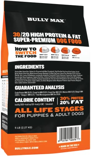 Bully Max High Performance Super Premium Dog Food. for All Ages (for Puppies & Adult Dogs). 535 Calories Per Cup. for Muscle, Size, Growth, and Weight. (5 Pound Bag)