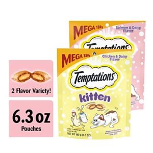 Temptations Kitten Treats, Chicken & Dairy and Salmon & Dairy, Crunchy and Soft Treat, 4-Pack Multipack (6.3 Ounce Per Pack)