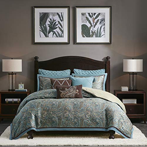 Hampton Hill Lauren King Size Bed Comforter Duvet 2-In-1 Set Bed In A Bag - Blue, Brown , Luxurious Jacquard Paisley – 9 Piece Bedding Sets – Ultra Soft Microfiber Bedroom Comforters