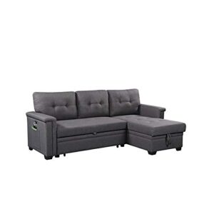 bowery hill fabric gray reversible sleeper sofa storage chaise with usb ports