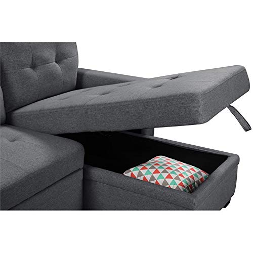 BOWERY HILL Fabric Gray Reversible Sleeper Sofa Storage Chaise with USB Ports