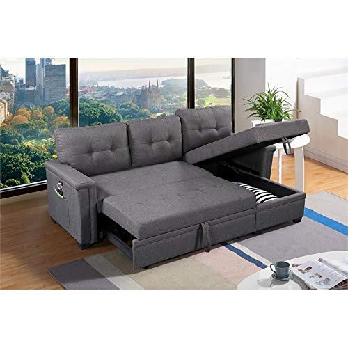 BOWERY HILL Fabric Gray Reversible Sleeper Sofa Storage Chaise with USB Ports