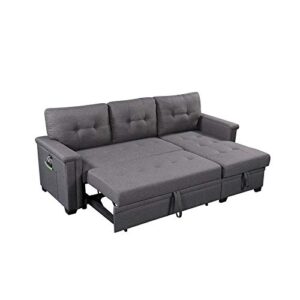 BOWERY HILL Fabric Gray Reversible Sleeper Sofa Storage Chaise with USB Ports