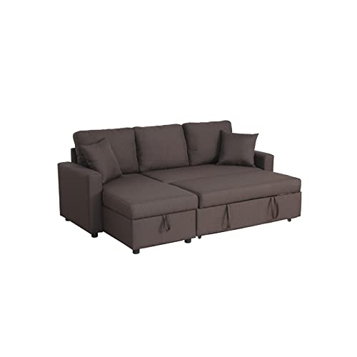 BOWERY HILL Sleeper Sectional Sofa Couch with Storage and Throw Pillows, Small Pull Out Sofa Bed for Living Room, L Shape Reversible Convertible Sofa Set for Apartment in Dark Brown