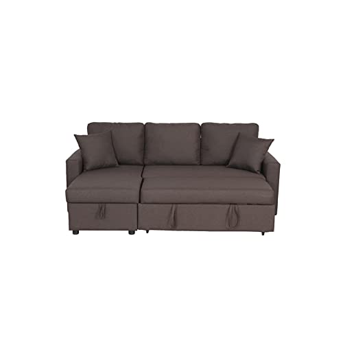 BOWERY HILL Sleeper Sectional Sofa Couch with Storage and Throw Pillows, Small Pull Out Sofa Bed for Living Room, L Shape Reversible Convertible Sofa Set for Apartment in Dark Brown