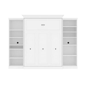 BOWERY HILL Vera Easy-Lift Queen Murphy Wall Bed with Double Bookcase Storage in White