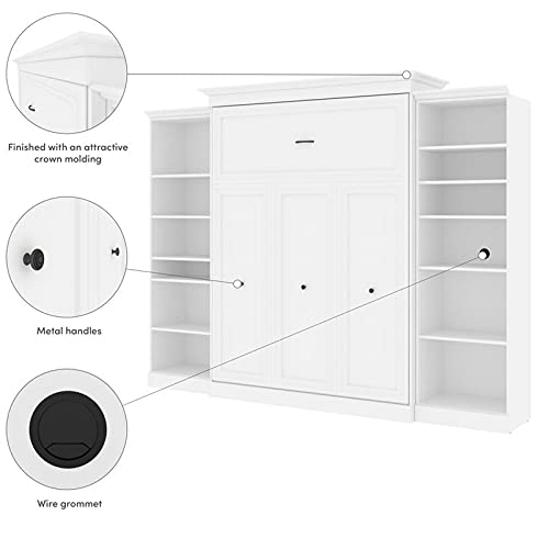 BOWERY HILL Vera Easy-Lift Queen Murphy Wall Bed with Double Bookcase Storage in White