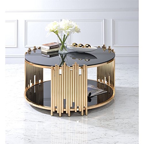 BOWERY HILL Round Glass Top Coffee Table End Table in Black and Gold