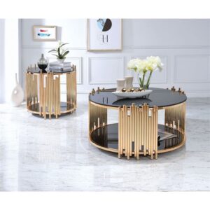 BOWERY HILL Round Glass Top Coffee Table End Table in Black and Gold