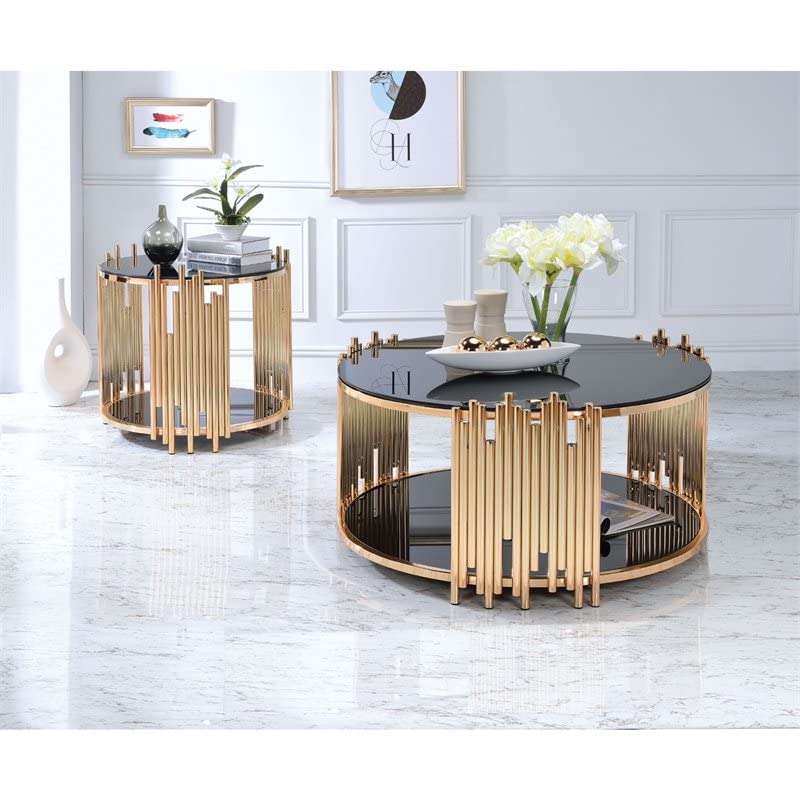 BOWERY HILL Round Glass Top Coffee Table End Table in Black and Gold