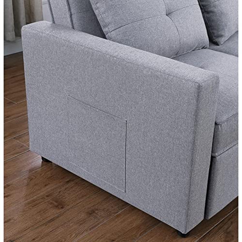 BOWERY HILL Light Gray Linen Fabric 3-in-1 Convertible Sleeper Loveseat with Side Pocket