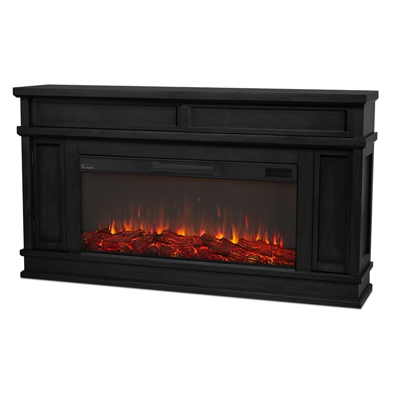 BOWERY HILL 60.13" Solid Wood and Glass Electric Fireplace in Black