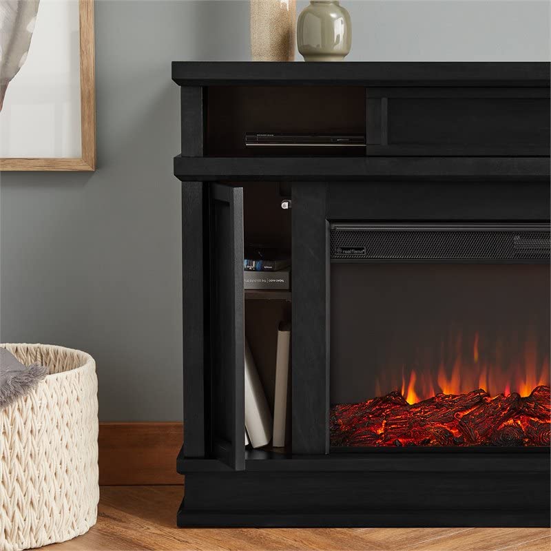 BOWERY HILL 60.13" Solid Wood and Glass Electric Fireplace in Black