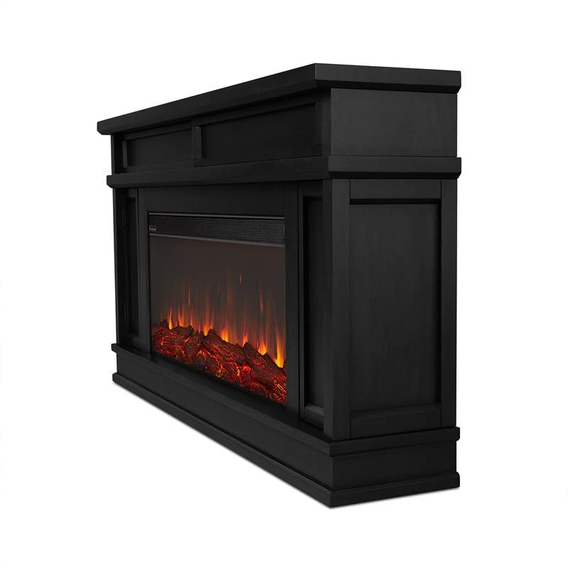 BOWERY HILL 60.13" Solid Wood and Glass Electric Fireplace in Black