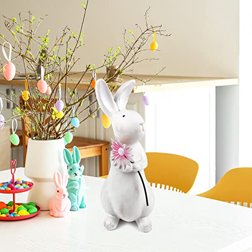 Lotus Hills Spring Easter Decorations, 13.2" Distressed Resin Easter Bunny with Pink Flower, Easter Gifts for Kids Girls, Farmhouse Decorative Rabbit for Tabletop Mantel, Spring Garden Yard Décor