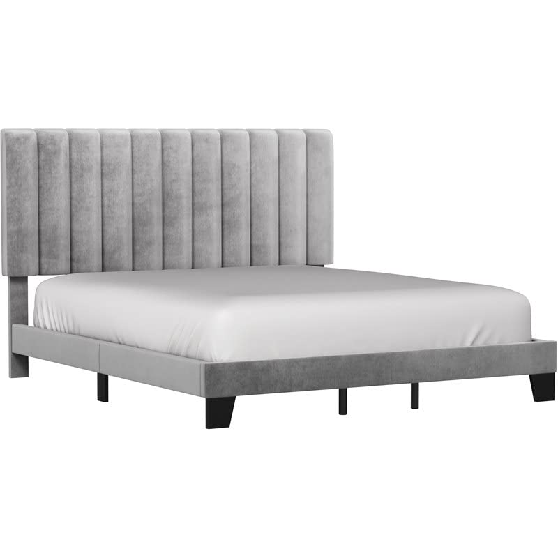 BOWERY HILL Modern Upholstered King Platform Bed in Gray Fabric