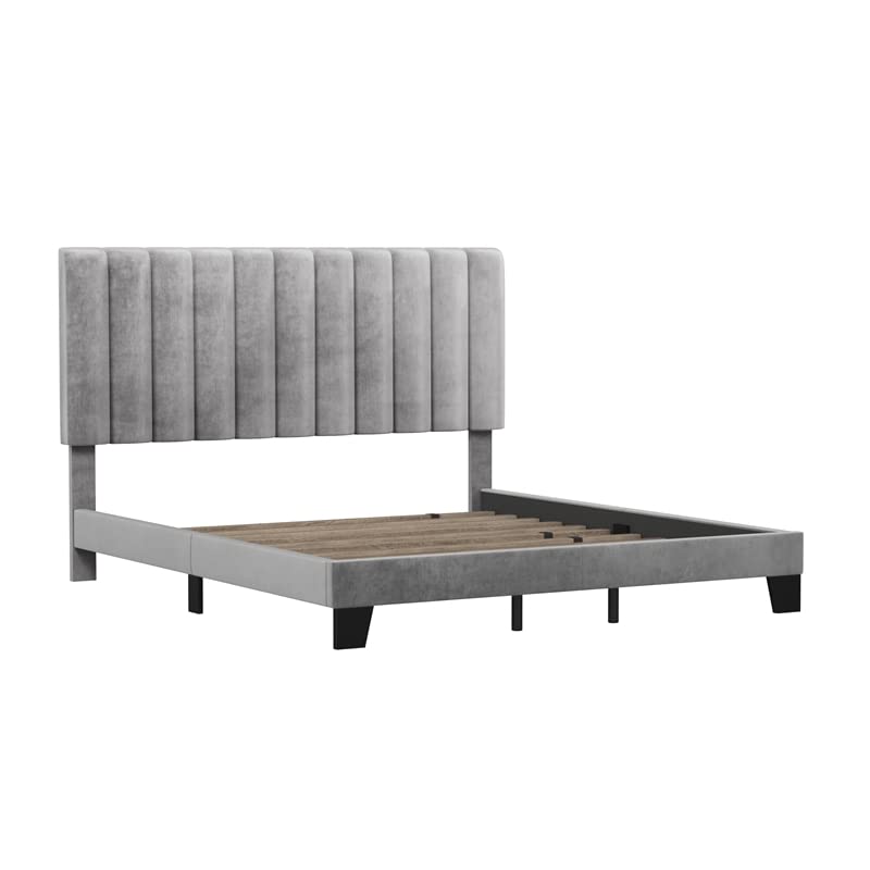 BOWERY HILL Modern Upholstered King Platform Bed in Gray Fabric