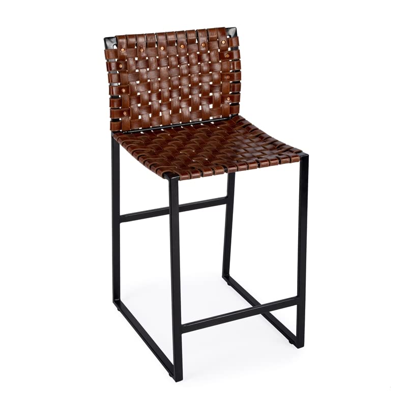 BOWERY HILL Transitional Metal Mahogany Urban Woven Leather Counter Stool