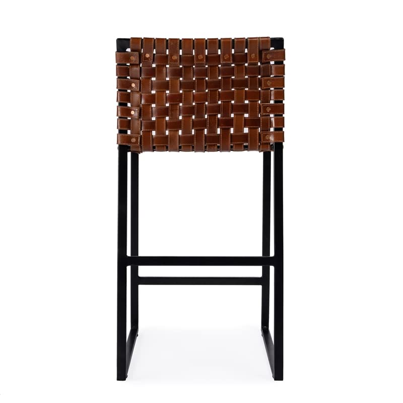 BOWERY HILL Transitional Metal Mahogany Urban Woven Leather Counter Stool