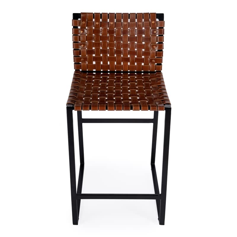 BOWERY HILL Transitional Metal Mahogany Urban Woven Leather Counter Stool