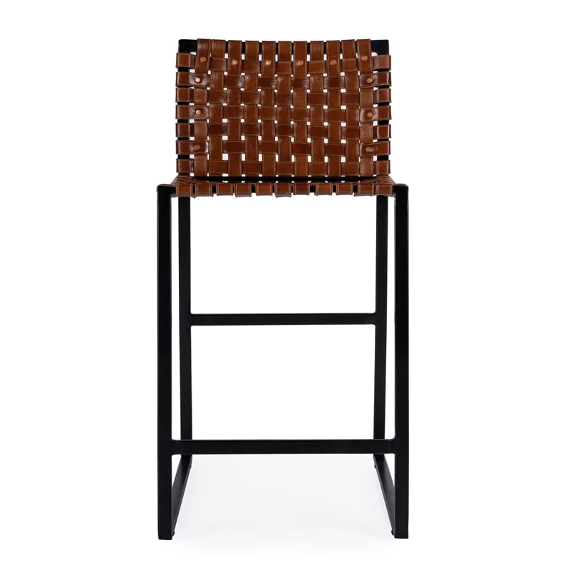 BOWERY HILL Transitional Metal Mahogany Urban Woven Leather Counter Stool