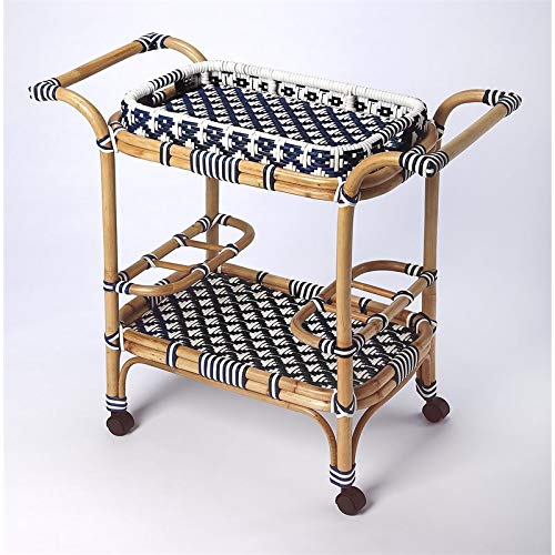 BOWERY HILL Transitional Selena Rattan Bar Cart in Blue and White