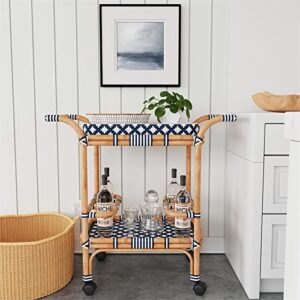 BOWERY HILL Transitional Selena Rattan Bar Cart in Blue and White