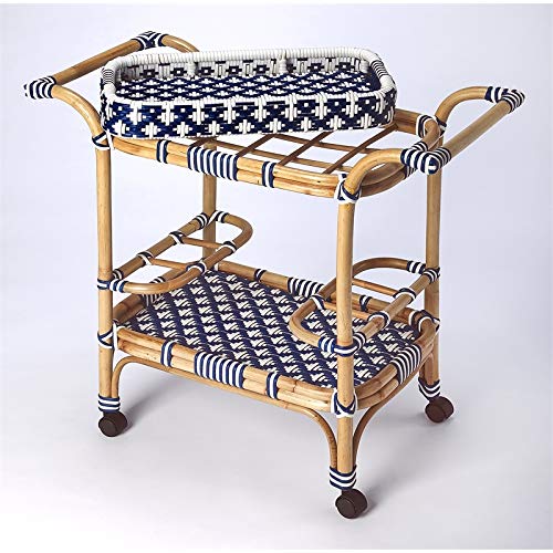 BOWERY HILL Transitional Selena Rattan Bar Cart in Blue and White