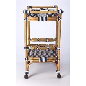 BOWERY HILL Transitional Selena Rattan Bar Cart in Blue and White