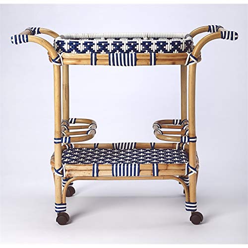 BOWERY HILL Transitional Selena Rattan Bar Cart in Blue and White