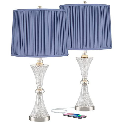 Regency Hill Luca Modern Table Lamps Set of 2 with USB Charging Port 25 1/2" High Twisted Glass Blue Shirred Fabric Drum Shade for Bedroom Living Room Bedside Nightstand House Desk Office