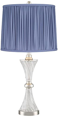 Regency Hill Luca Modern Table Lamps Set of 2 with USB Charging Port 25 1/2" High Twisted Glass Blue Shirred Fabric Drum Shade for Bedroom Living Room Bedside Nightstand House Desk Office