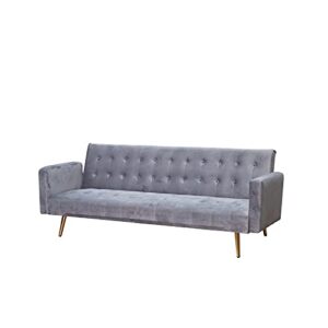 BOWERY HILL Mid Century Convertible Sofa Couch for Living Room, Button Tufted Velvet Sofa Bed for Small Apartment, Modern Futon Couch in Dary Grey