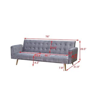 BOWERY HILL Mid Century Convertible Sofa Couch for Living Room, Button Tufted Velvet Sofa Bed for Small Apartment, Modern Futon Couch in Dary Grey