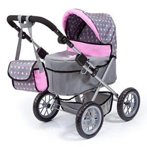 bayer design dolls: trendy pram – grey, pink, dots – includes shoulder bag, fits dolls up to 18″, adjustable handle, kids pretend play, shopping basket, easy to fold, ages 3+