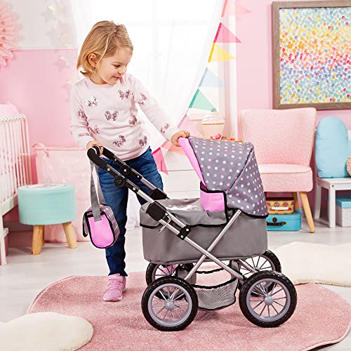 Bayer Design Dolls: Trendy Pram - Grey, Pink, Dots - Includes Shoulder Bag, Fits Dolls Up to 18", Adjustable Handle, Kids Pretend Play, Shopping Basket, Easy to Fold, Ages 3+