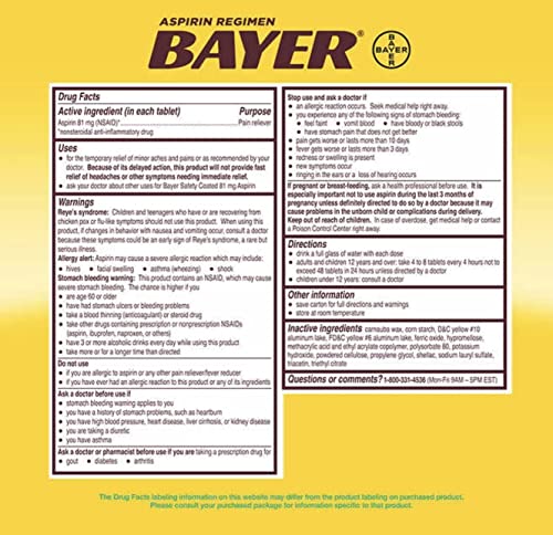 Bayer Consumer Health Bayer Low Dose Safety Coated Aspirin 81 mg , 400-Count (Pack of 2)