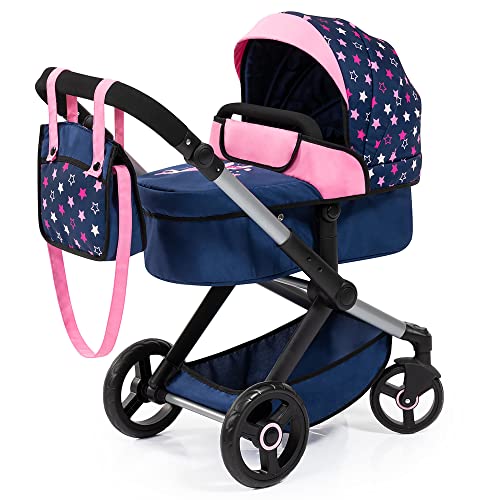 Bayer Design Dolls: Pram Xeo - Blue, Pink, Stars - Includes Shoulder Bag, Fits Dolls Up to 18", Convertible to A Pushchair, Adjustable Handle & Swivel Front Wheels, Integrated Basket, Ages 3+