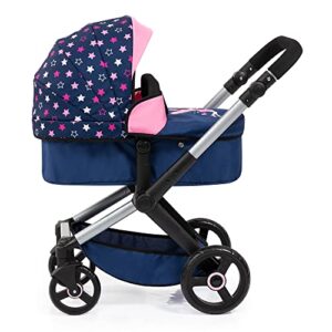 Bayer Design Dolls: Pram Xeo - Blue, Pink, Stars - Includes Shoulder Bag, Fits Dolls Up to 18", Convertible to A Pushchair, Adjustable Handle & Swivel Front Wheels, Integrated Basket, Ages 3+