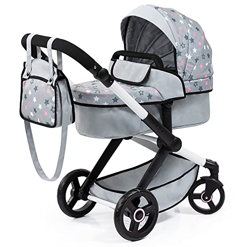 Bayer Design Dolls: Pram Xeo - Grey, Pink, Stars - Includes Shoulder Bag, Fits Dolls Up to 18', Convertible to A Pushchair, Adjustable Handle & Swivel Front Wheels, Accessory for -Plush Toys, Ages 3+