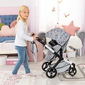 Bayer Design Dolls: Pram Xeo - Grey, Pink, Stars - Includes Shoulder Bag, Fits Dolls Up to 18', Convertible to A Pushchair, Adjustable Handle & Swivel Front Wheels, Accessory for -Plush Toys, Ages 3+