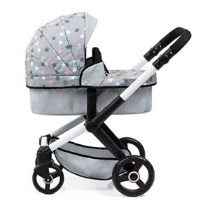 Bayer Design Dolls: Pram Xeo - Grey, Pink, Stars - Includes Shoulder Bag, Fits Dolls Up to 18', Convertible to A Pushchair, Adjustable Handle & Swivel Front Wheels, Accessory for -Plush Toys, Ages 3+