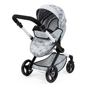 Bayer Design Dolls: Pram Xeo - Grey, Pink, Stars - Includes Shoulder Bag, Fits Dolls Up to 18', Convertible to A Pushchair, Adjustable Handle & Swivel Front Wheels, Accessory for -Plush Toys, Ages 3+