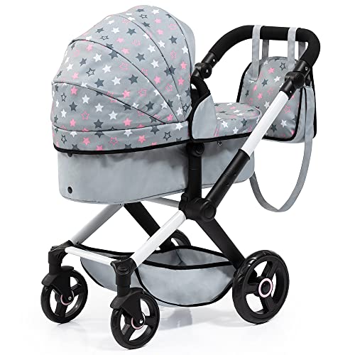 Bayer Design Dolls: Pram Xeo - Grey, Pink, Stars - Includes Shoulder Bag, Fits Dolls Up to 18', Convertible to A Pushchair, Adjustable Handle & Swivel Front Wheels, Accessory for -Plush Toys, Ages 3+