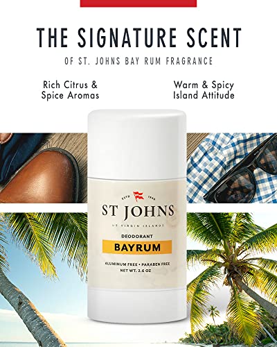 St Johns Bay Rum Aluminum Free Deodorant | Long-Lasting, Odor Resistant, & Soothing | Clear Deodorant Stick | Odor-Free Deodorant Made of Natural Compounds | Mens Bay Rum Deodorant (2.6 oz Stick)