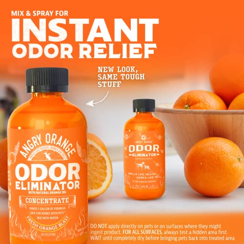 Angry Orange Pet Odor Eliminator for Home - 8oz Dog and Cat Pee Smell Remover for Carpet, Grass, Tile and Furniture - Citrus Concentrate, Makes 128oz of Liquid